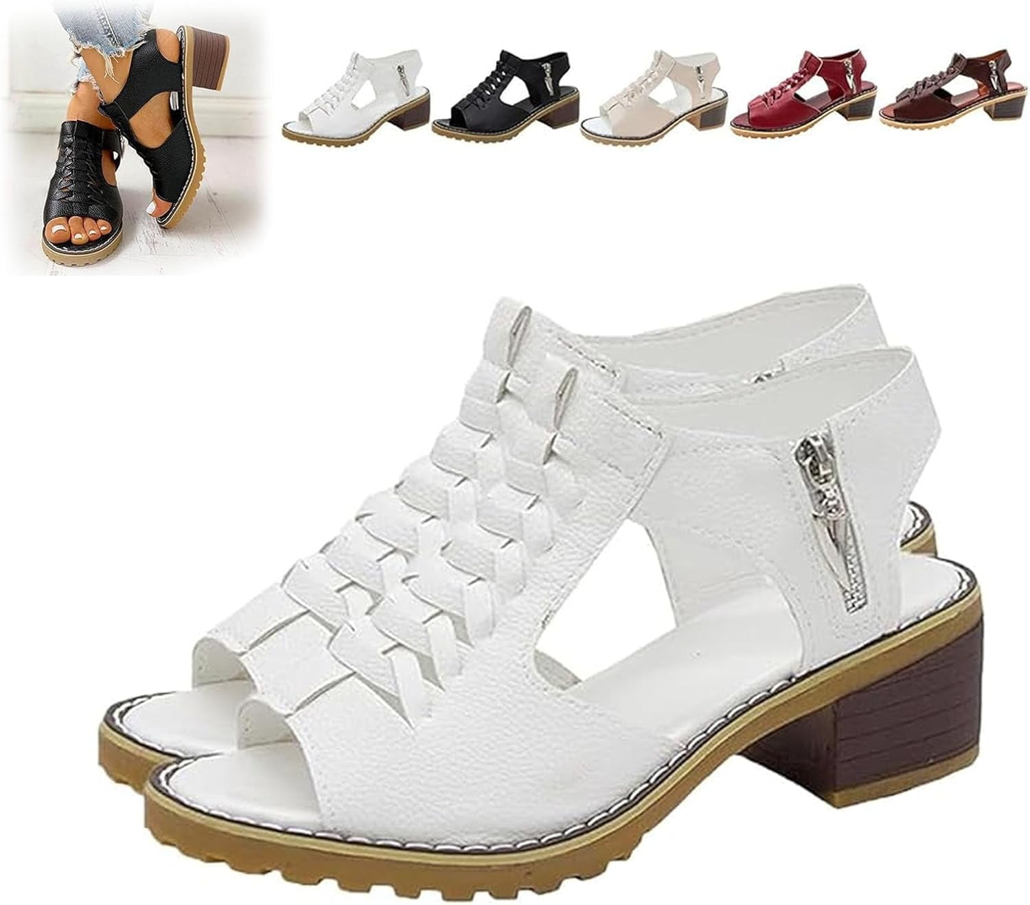 Funfany Peep Toe Cutout Zipper Chunky Heeled Sandals, 2025 Women's Open ...