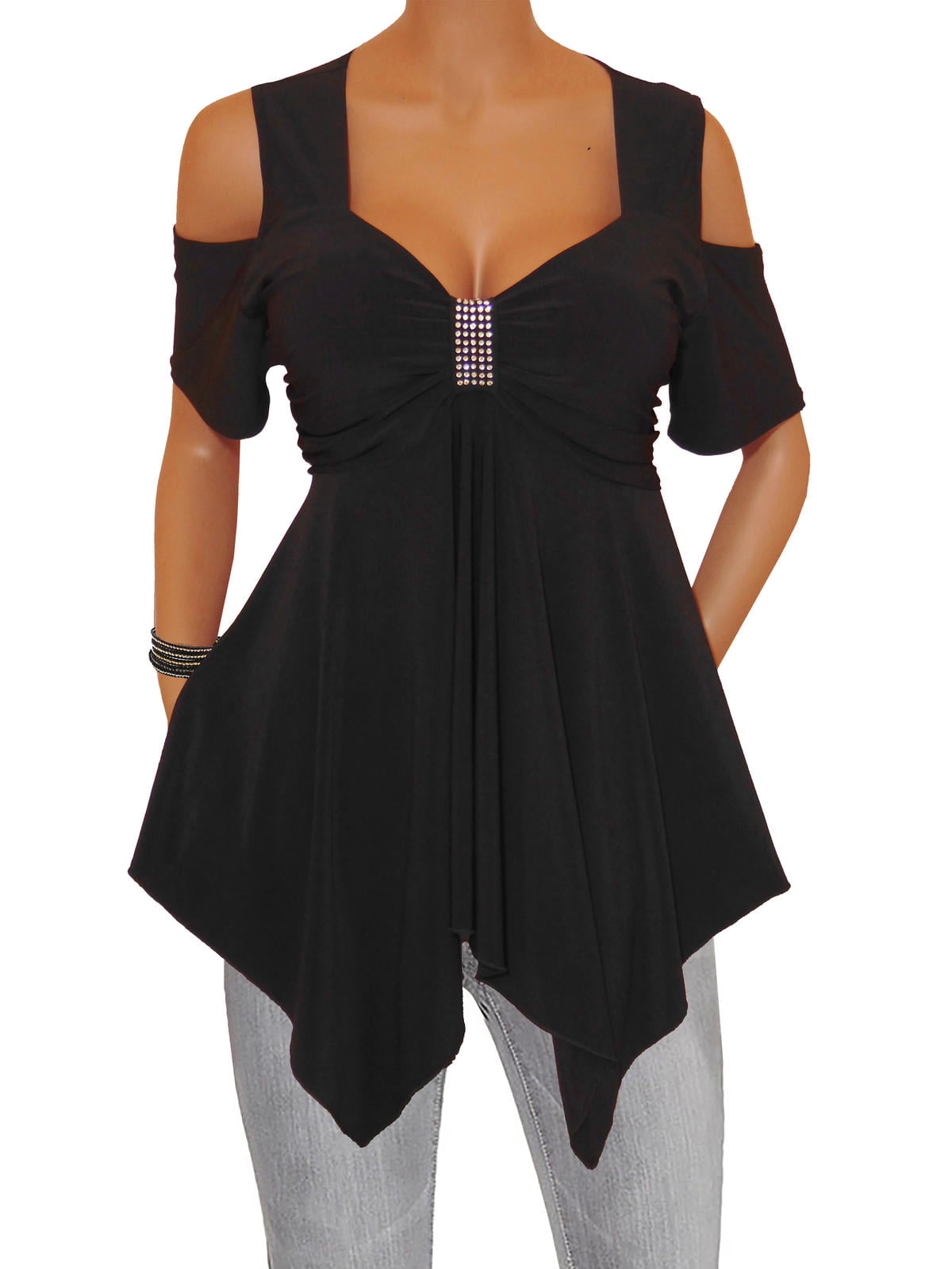 Funfash Women's Plus Size Black Cold Open Shoulders Empire Waist Top ...