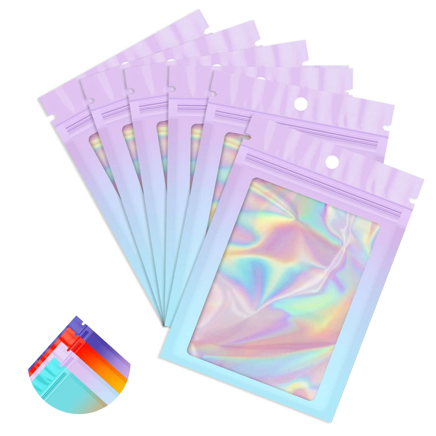 Funfery 100 Pack Gradient Holographic Bags,Mylar Resealable Bags with ...