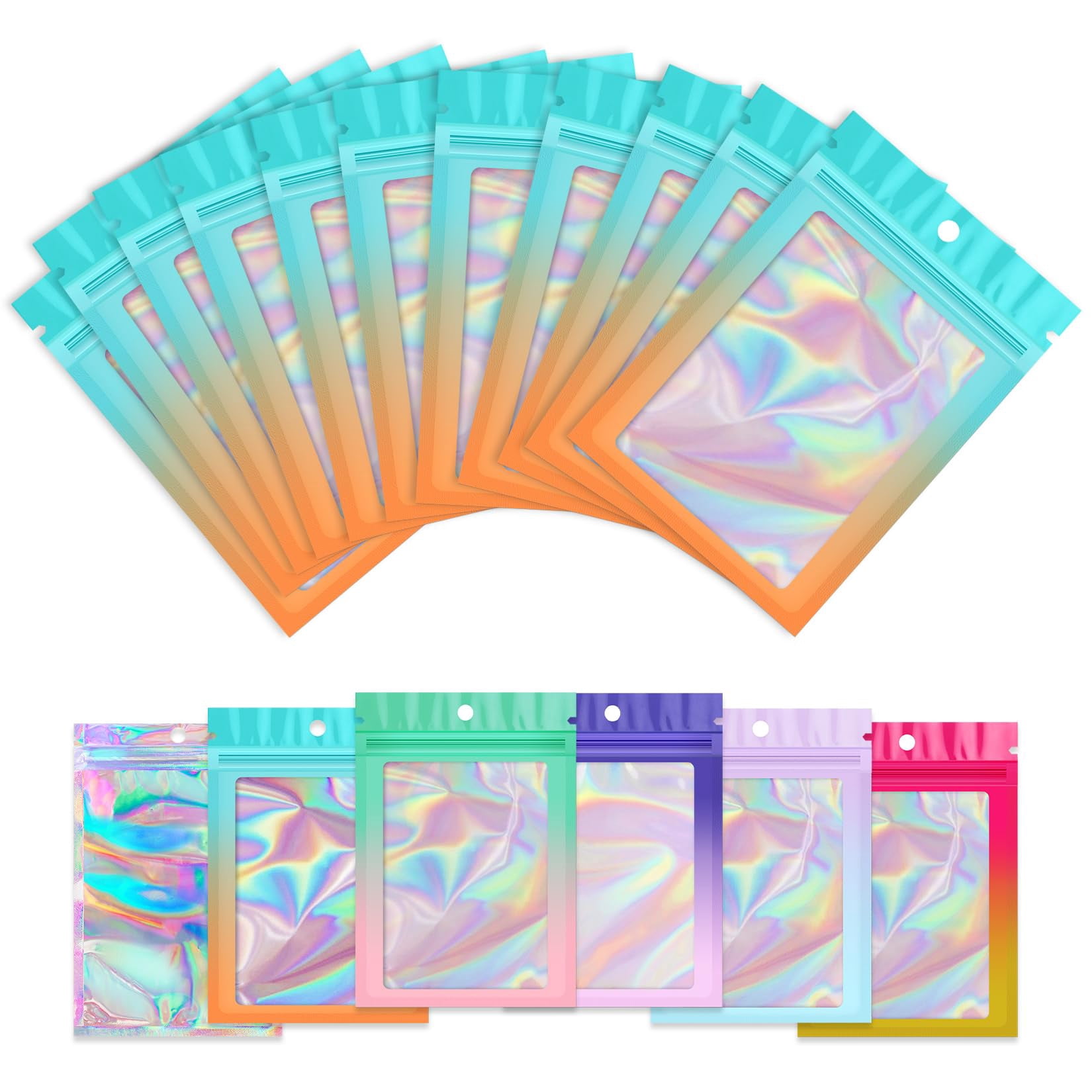 Funfery 100 Pack Gradient Holographic Bags,Resealable Mylar Bags with ...