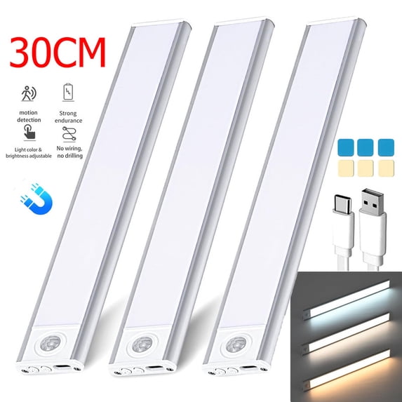 FungLam 3 Pack 30cm LED Under Cabinet Lights Rechargeable Motion Sensor ...