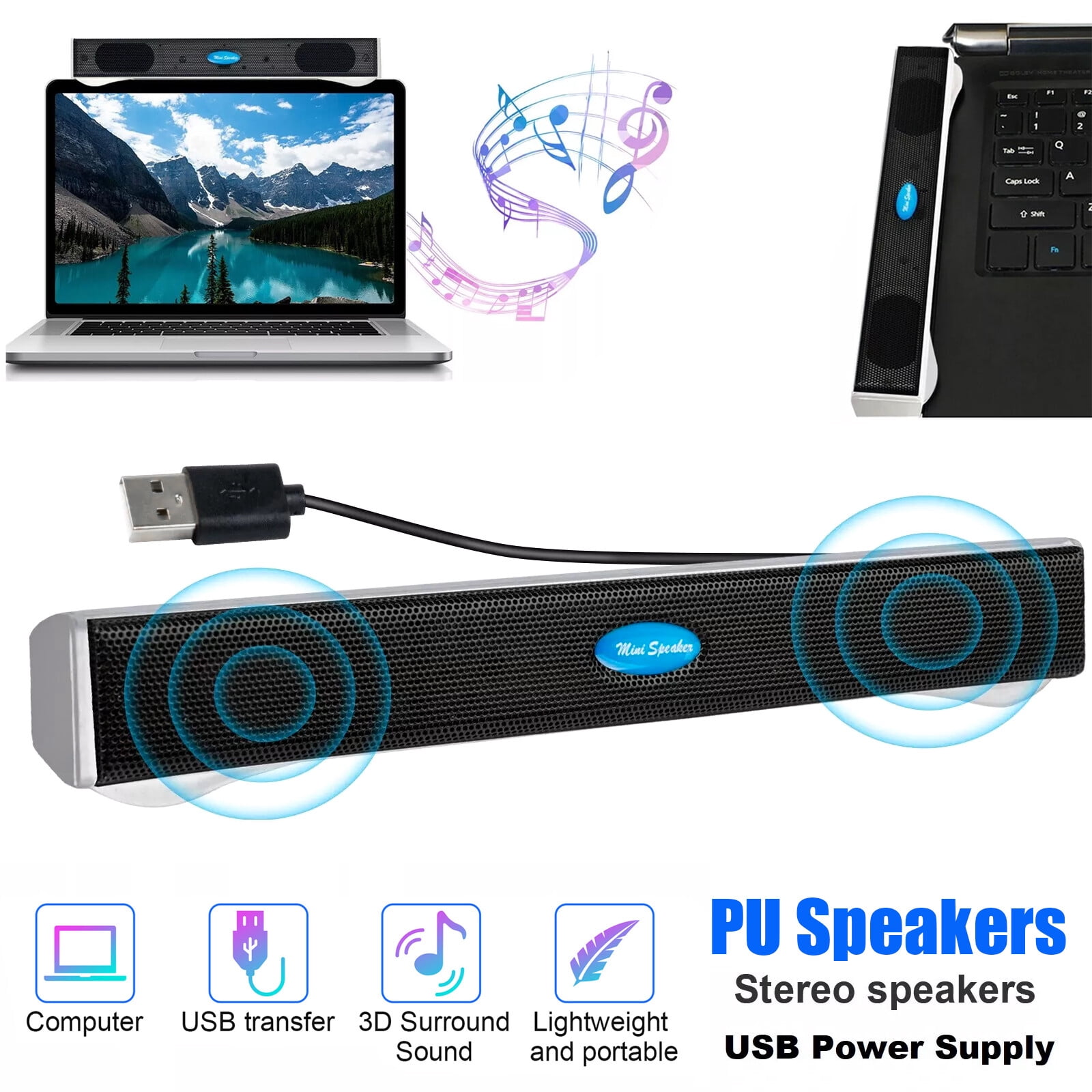 FungLam Wired Computer Speakers Soundbar 2.0 Stereo Bass Sound USB for ...