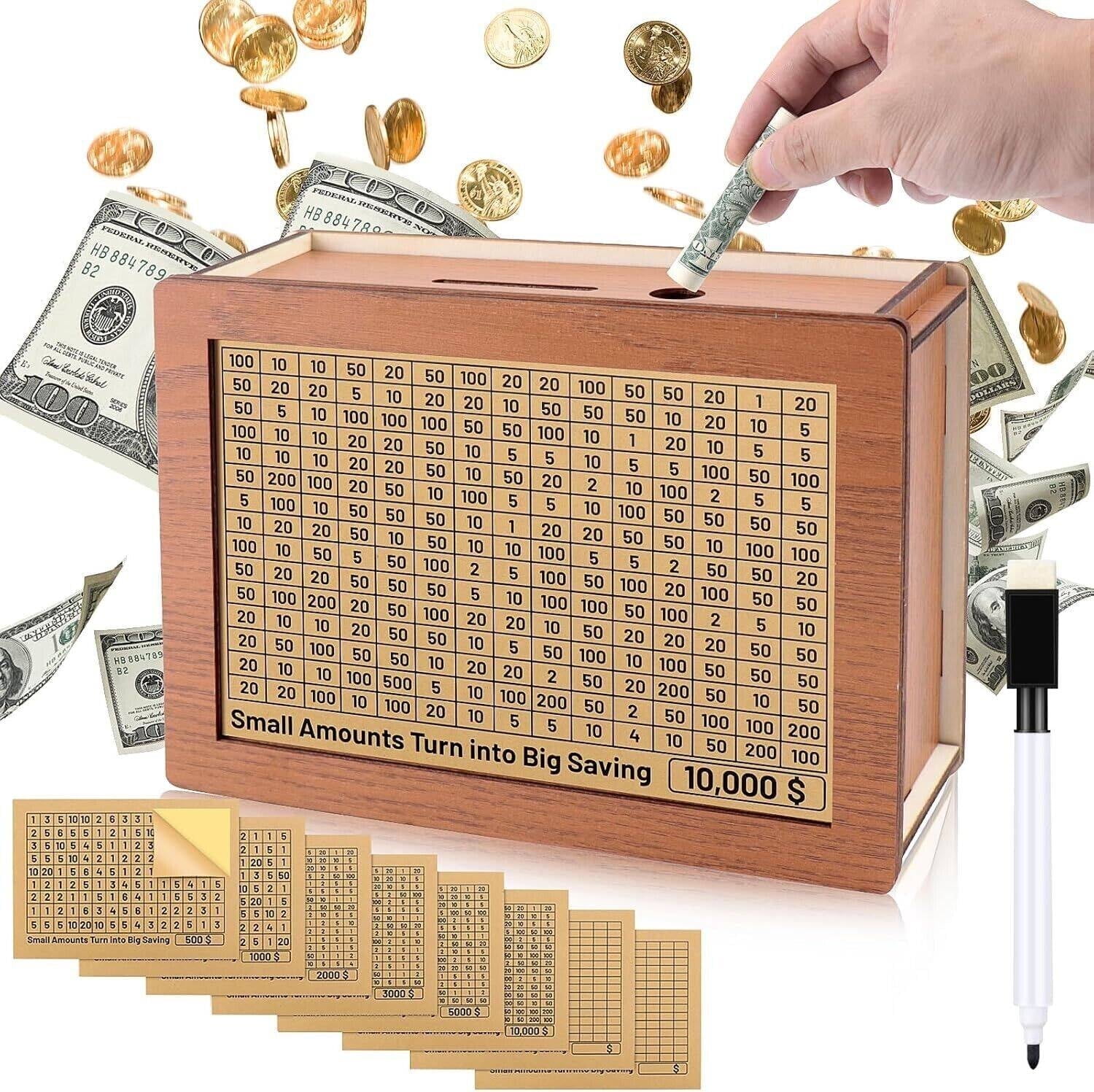 FungLam Wooden Money Box with 8 Saving Goals, Reusable Money Box with ...