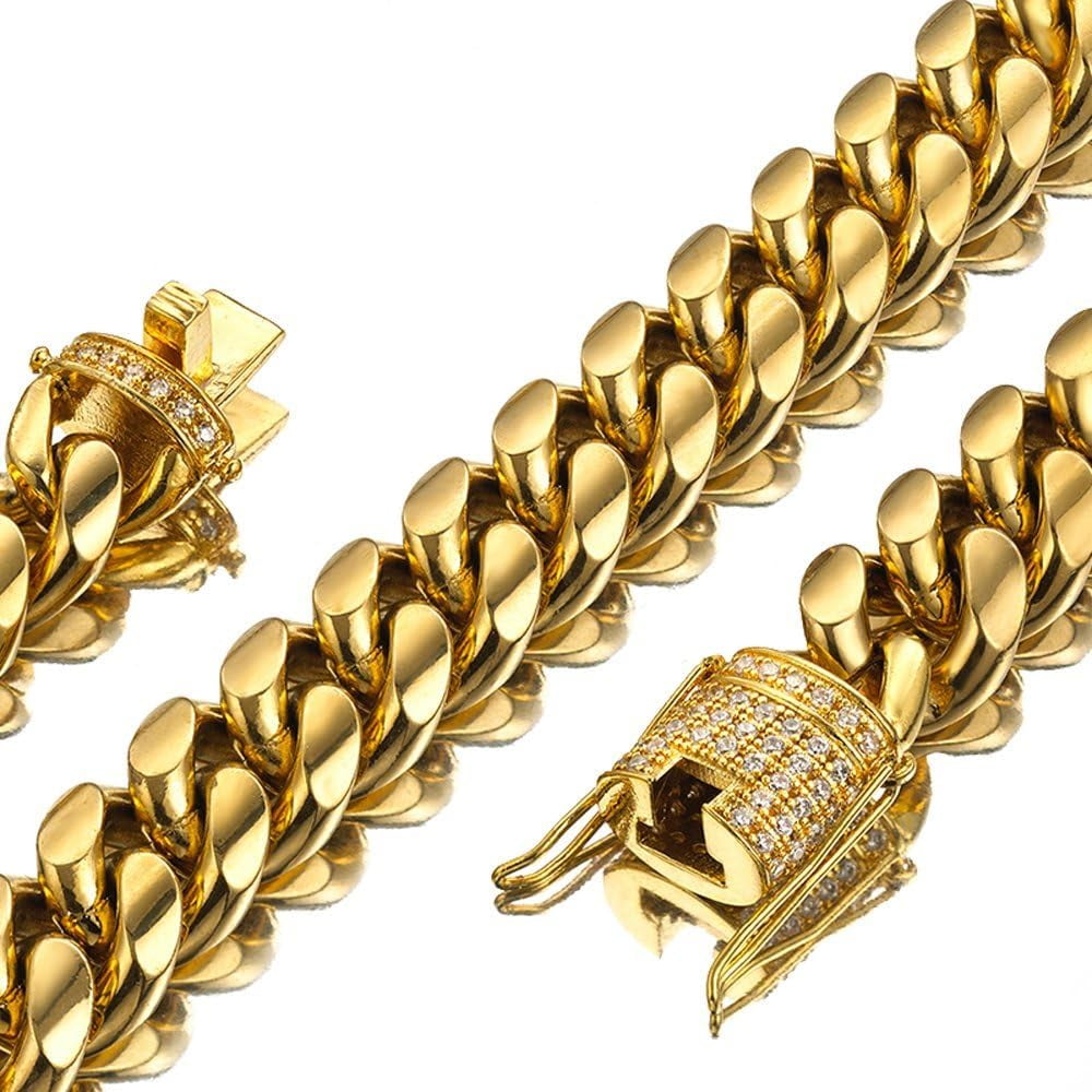 Funice Mens Miami Cuban Link Chain 18K Gold 15mm Stainless Steel Curb ...