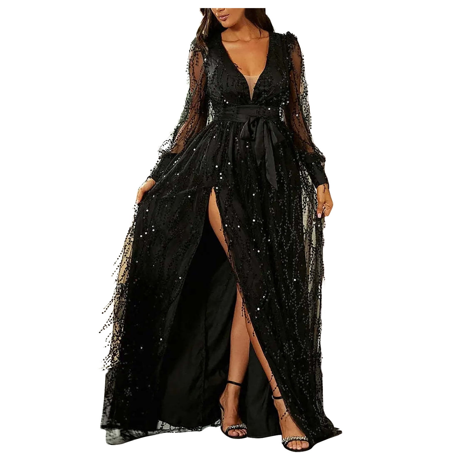 Funicet Evening Dresses for Women Deep V Long Sleeve Sequins Waist High ...