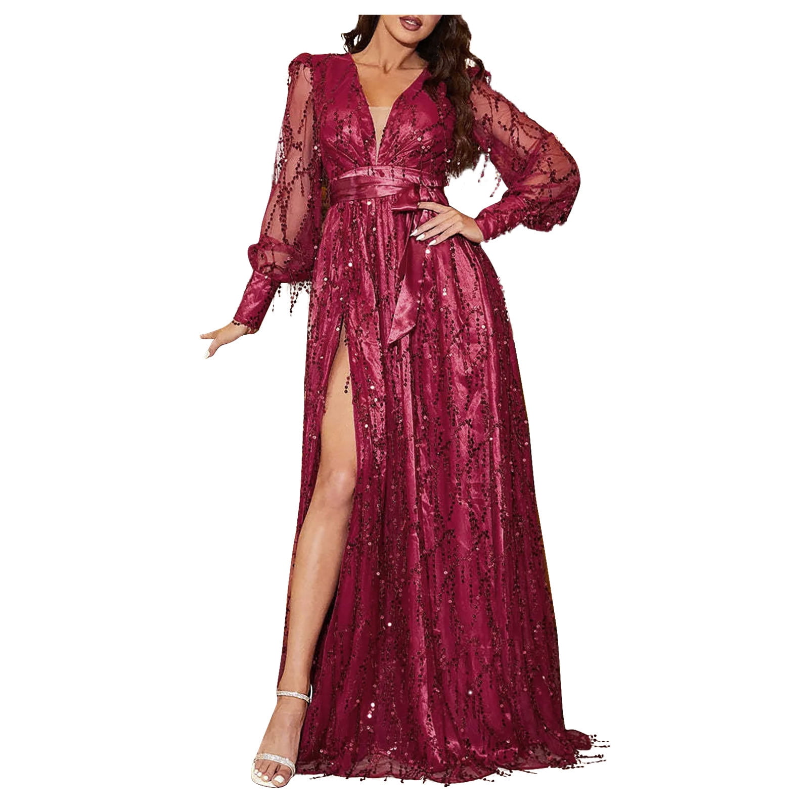 Funicet Evening Dresses for Women Deep V Long Sleeve Sequins Waist High ...