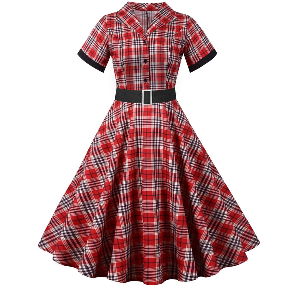 Funicet Plaid Dresses for Women Short Sleeve V-Neck Vintage Swing Dress ...