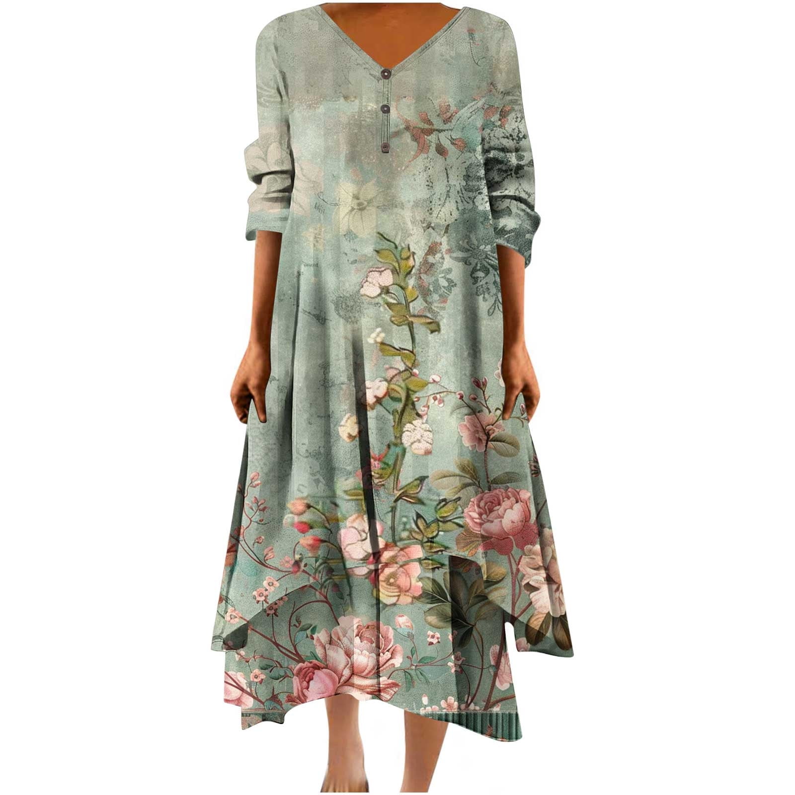 Funicet Womens Plus Size Boho Dresses Retro Button Dress V Neck 3/4 ...