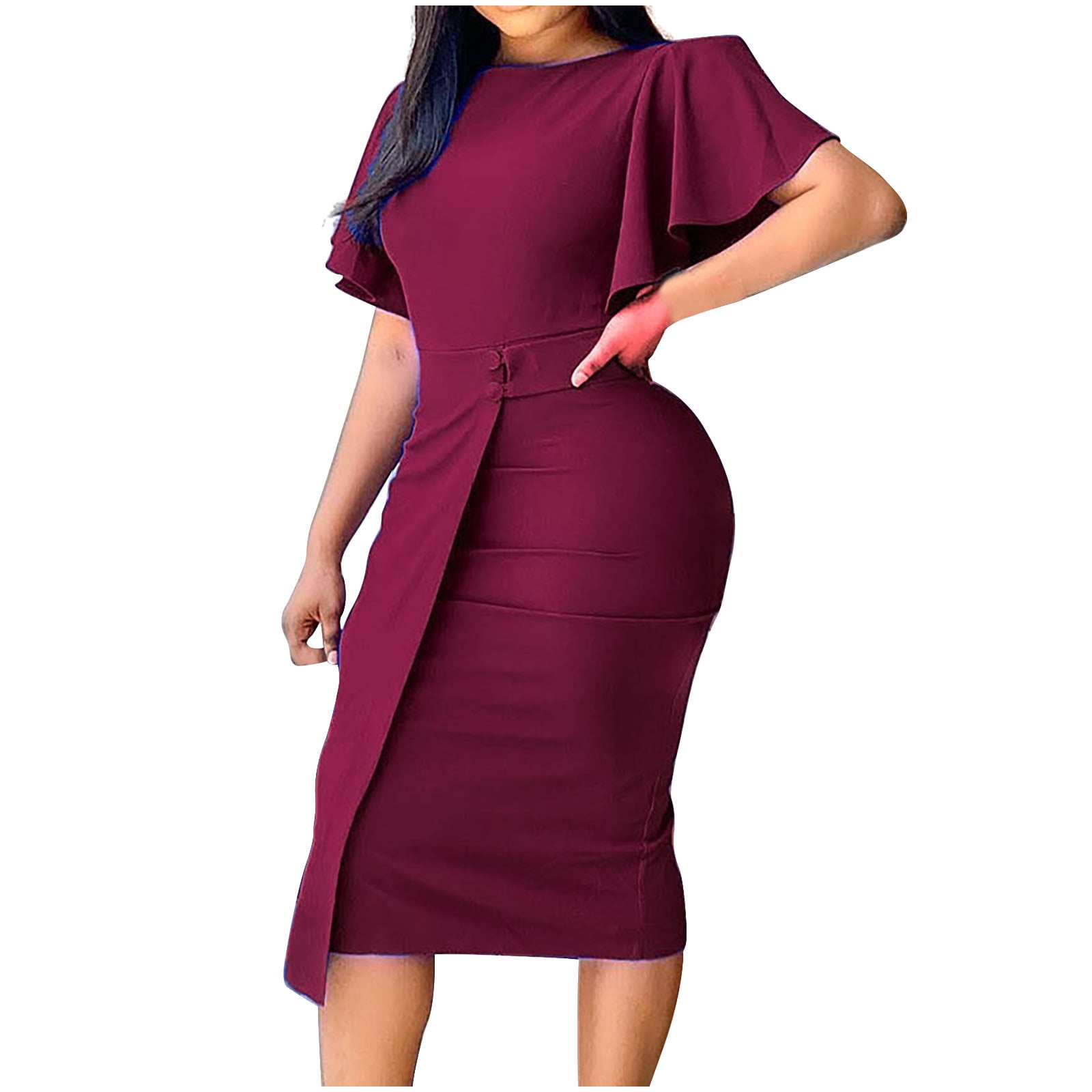 Funicet Work Dresses for Women 2024 Ruffle Sleeve Solid Button Waisted ...
