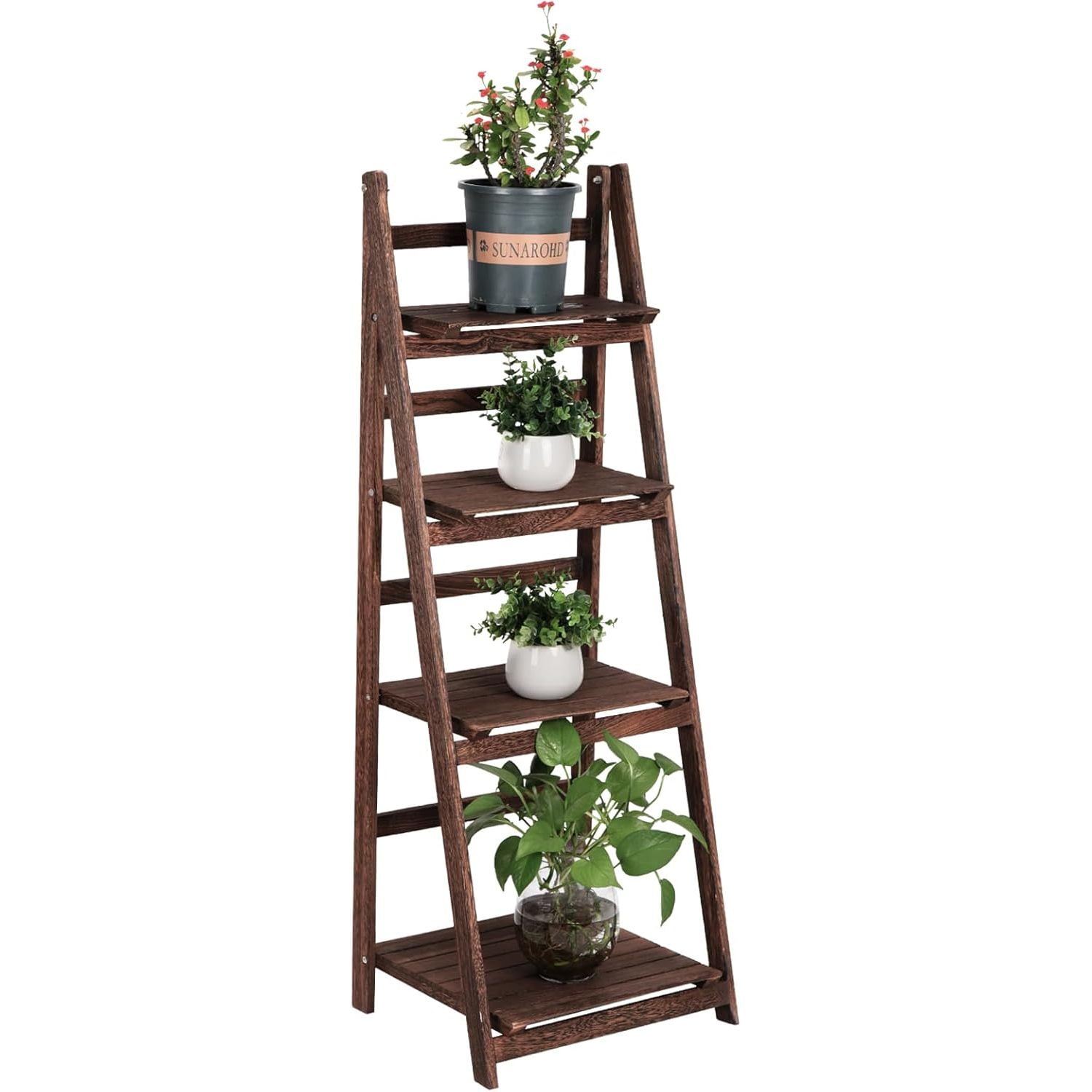 Funkeen Wood Plant Stand Indoor 4-Tier Foldable Plant Shelf Tall Flower ...