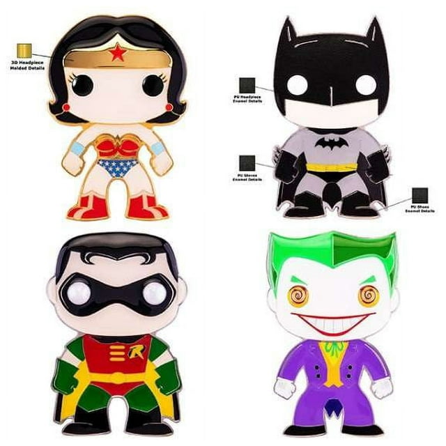 Funko DC POP! Pins Batman, Robin, Wonder Woman, & Joker Set of 4 Large ...