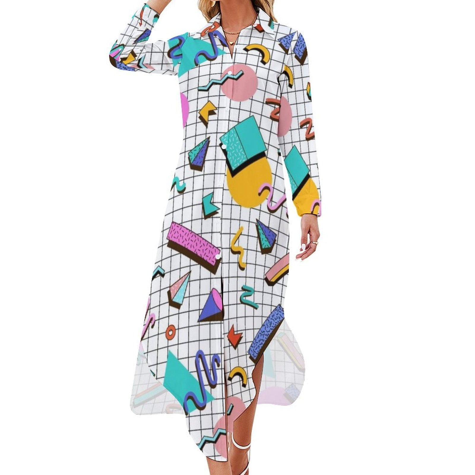 Funky 80s eighties Memphis Pattern Design Long Sleeved Shirt Dress ...