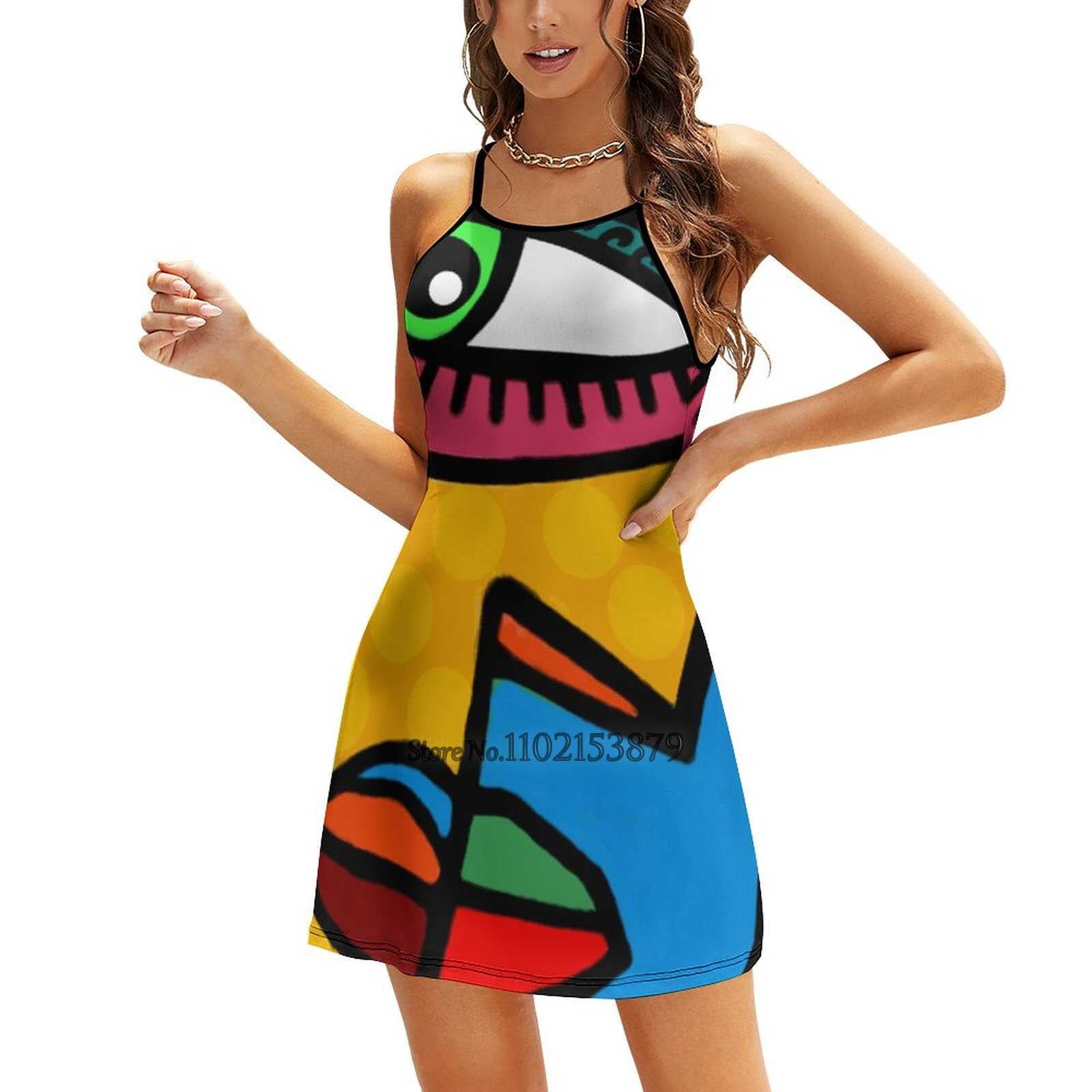 Funky Abstract Face Back Lacing Backless Dress Square Neck Dress ...