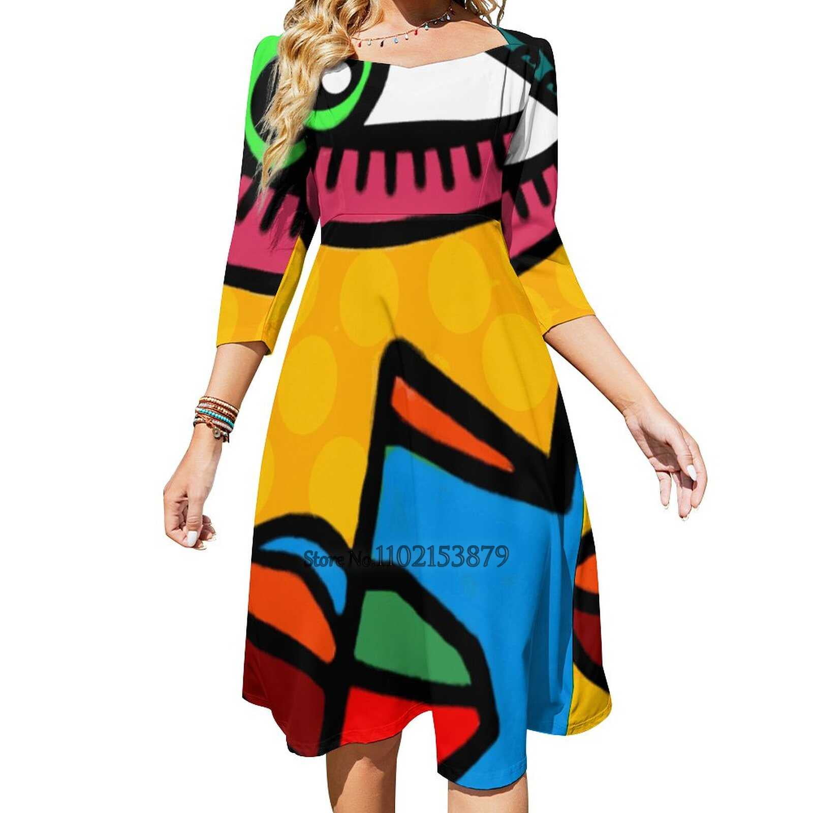 Funky Abstract Face Back Lacing Backless Dress Square Neck Dress ...