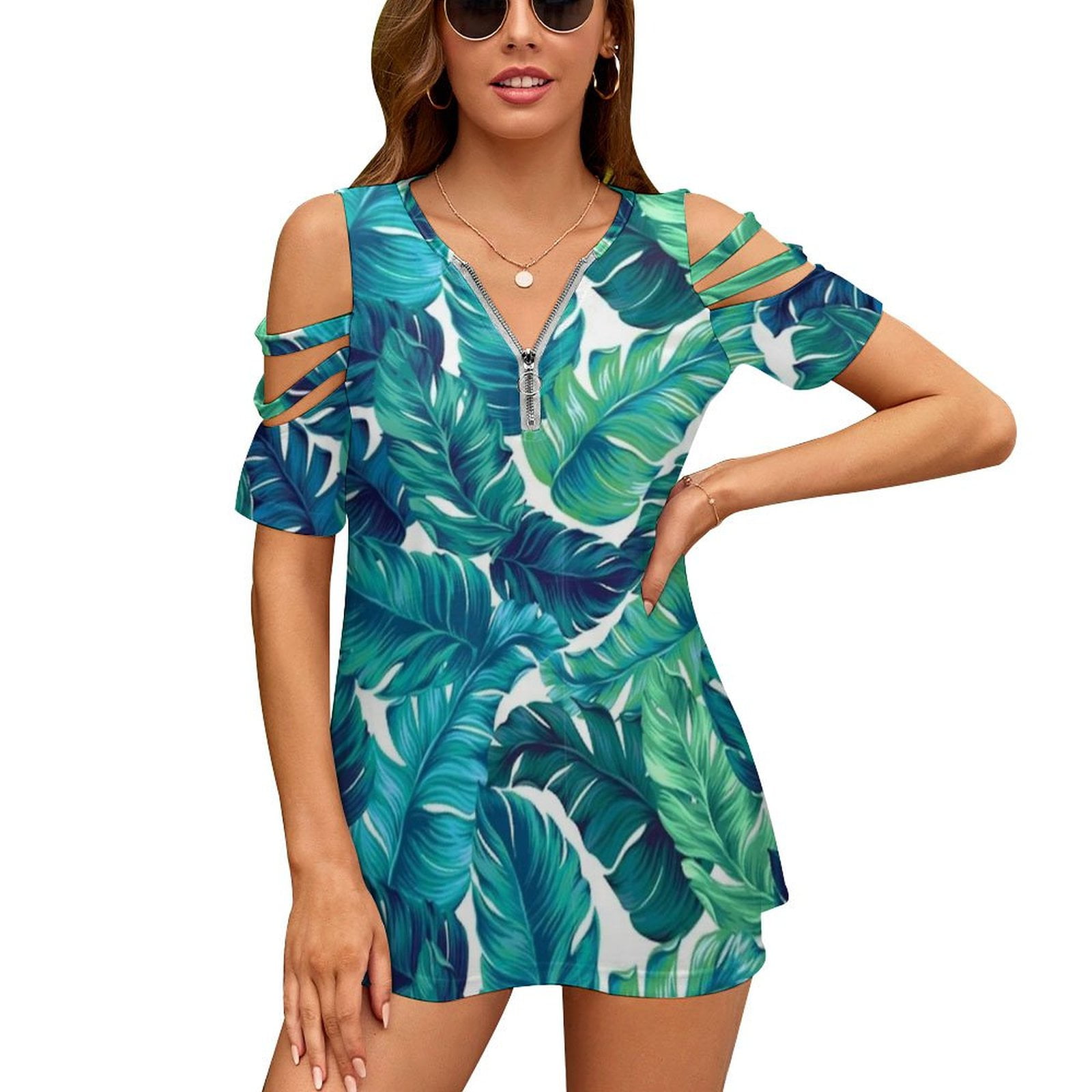 Funky Banana Leaf Pattern. New Fashion Zip Off Shoulder Top Short ...