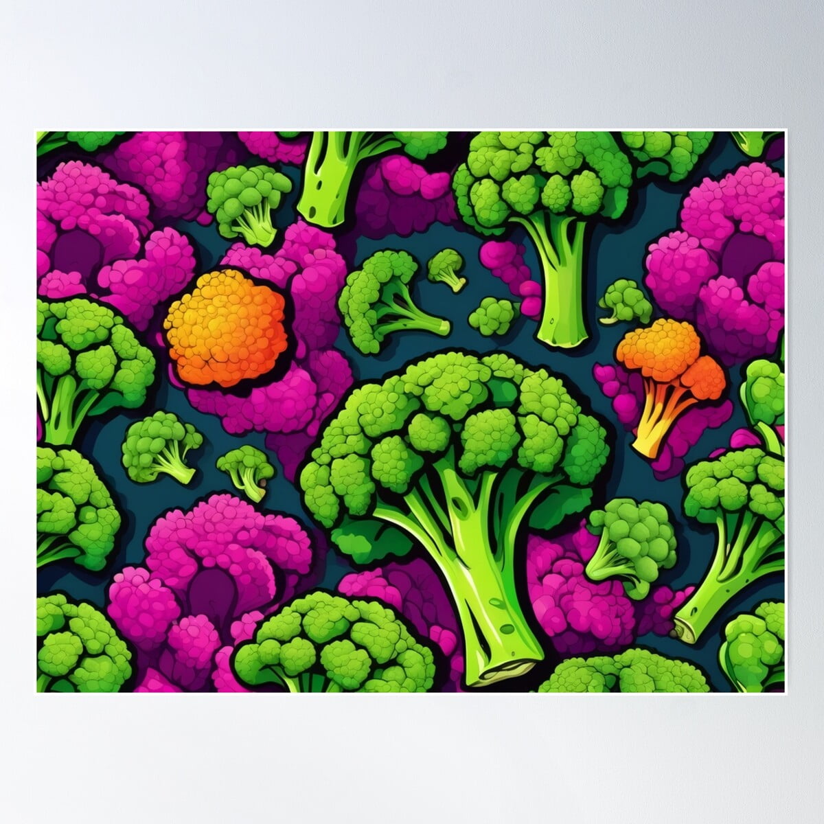 Funky Colorful Broccoli Allover Retro Pattern Poster Wall Art, Modern ...
