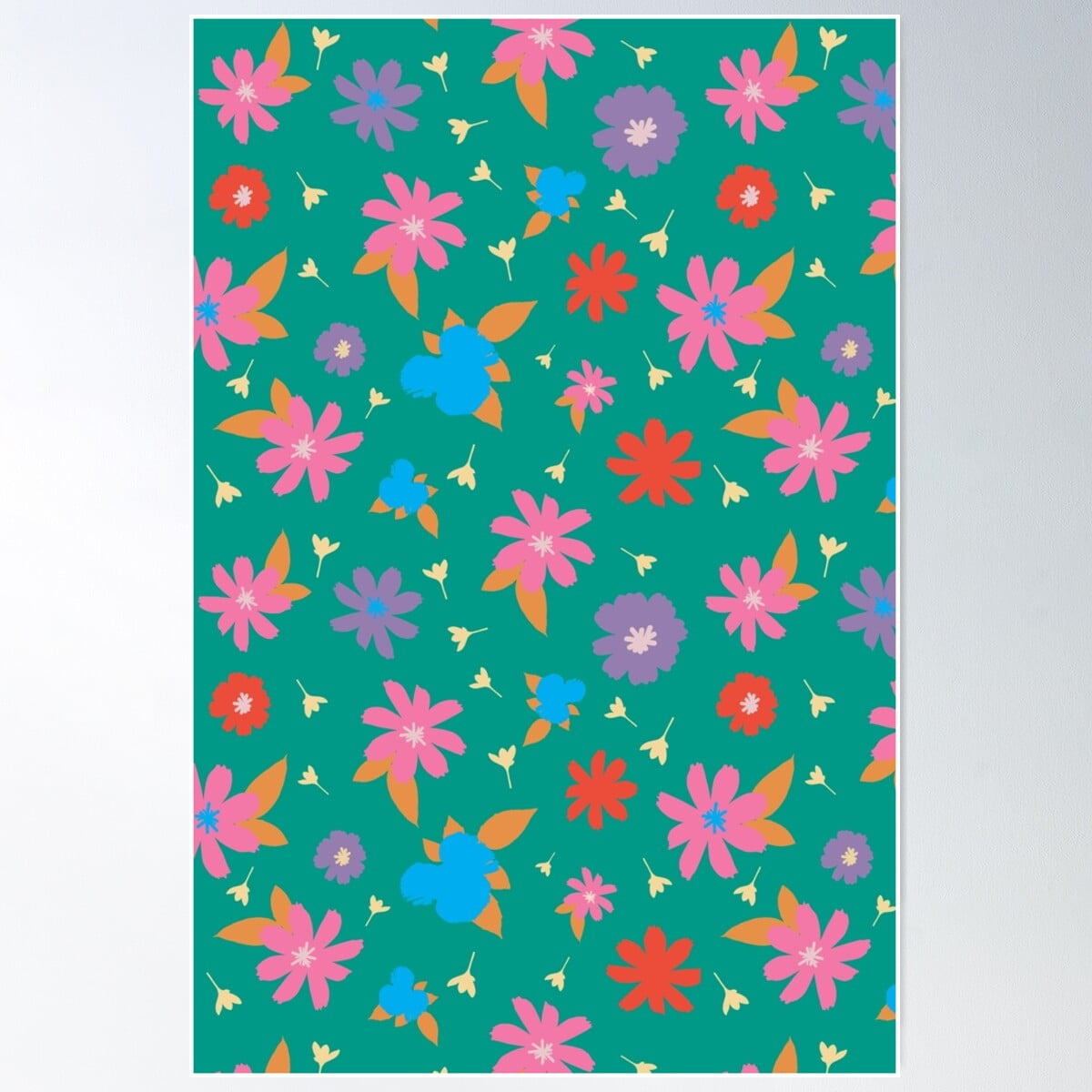 Funky Colorful Floral Pattern Green Teal Background Poster Wall Art ...