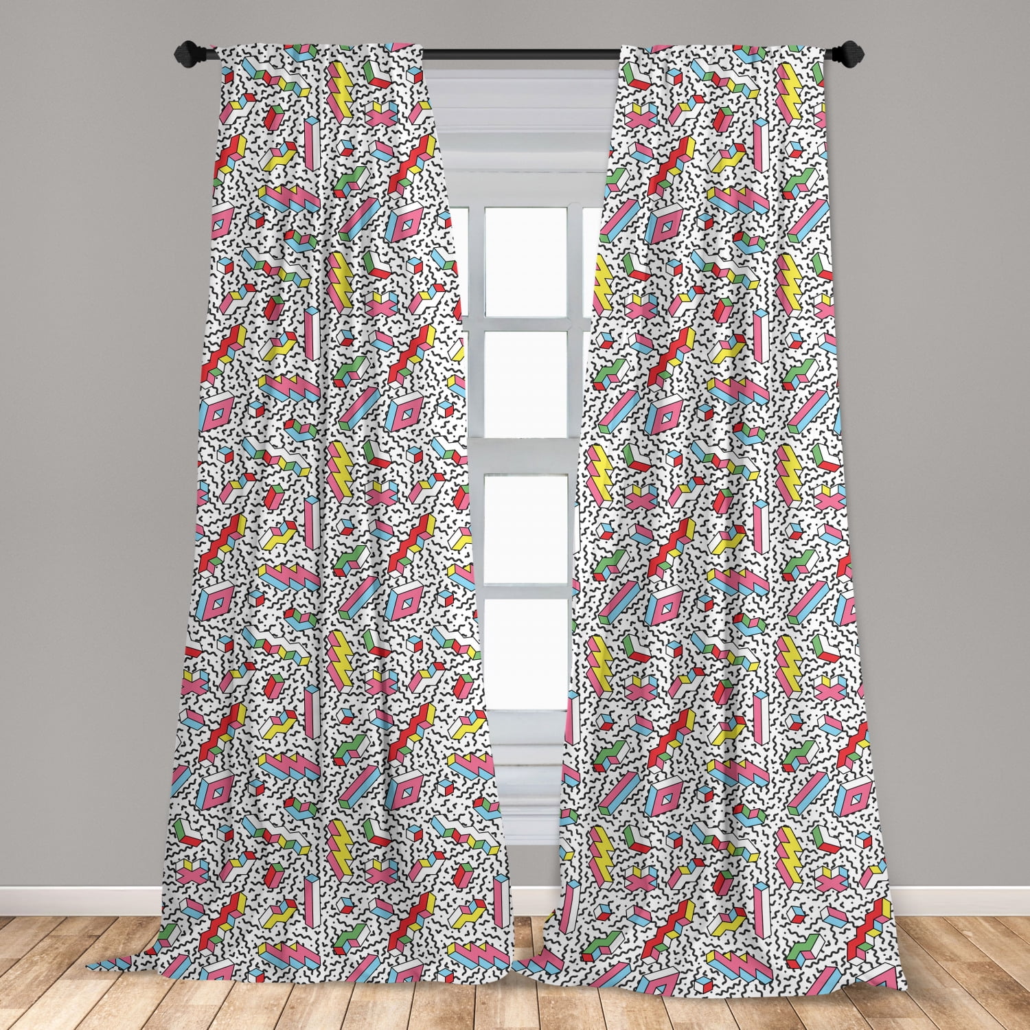 Funky Curtains 2 Panels Set, Memphis Pattern with Mosaic 3D Shapes ...
