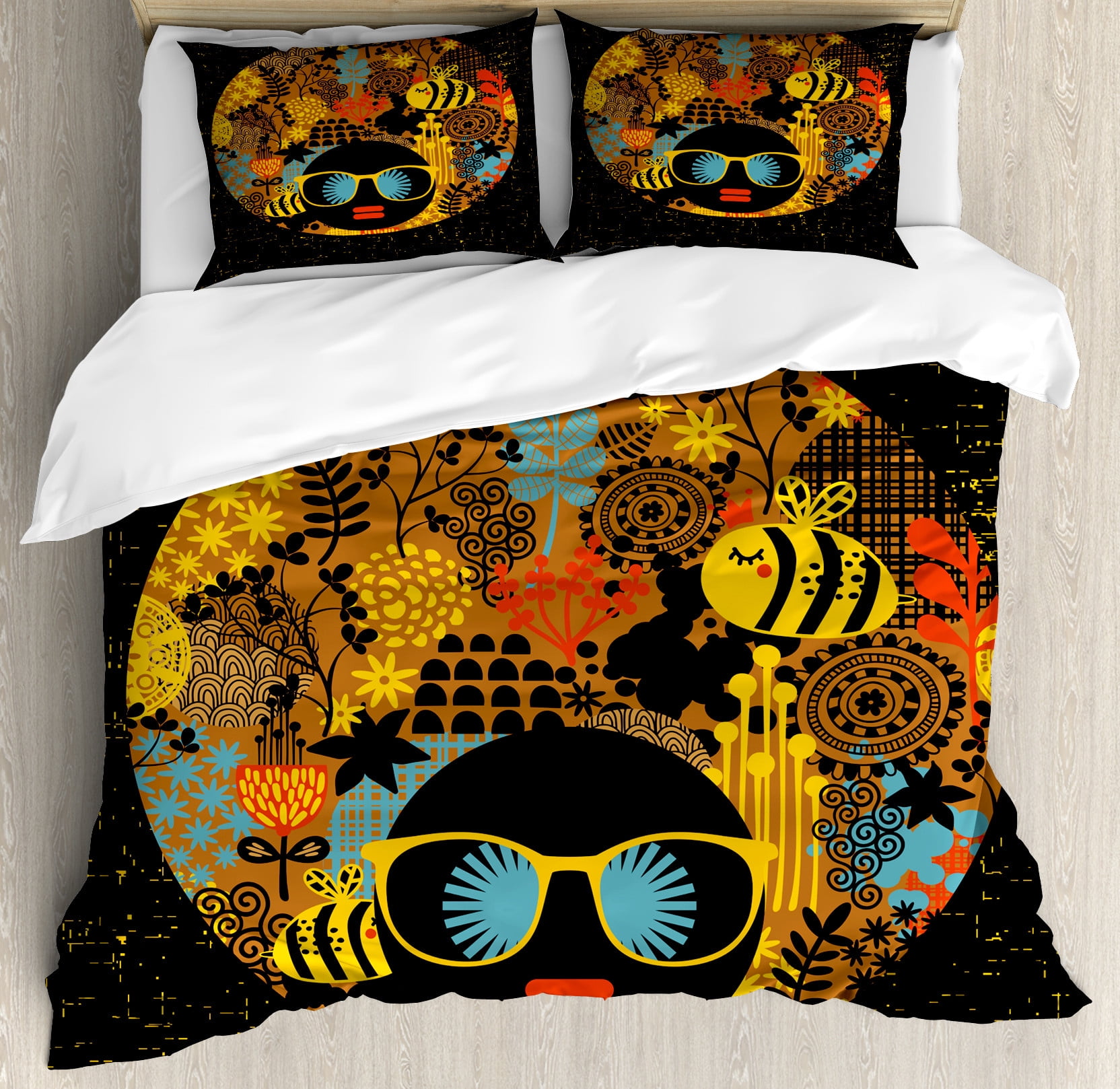 Funky Duvet Cover Set, Abstract Retro Afro Woman in Glasses in Nature ...