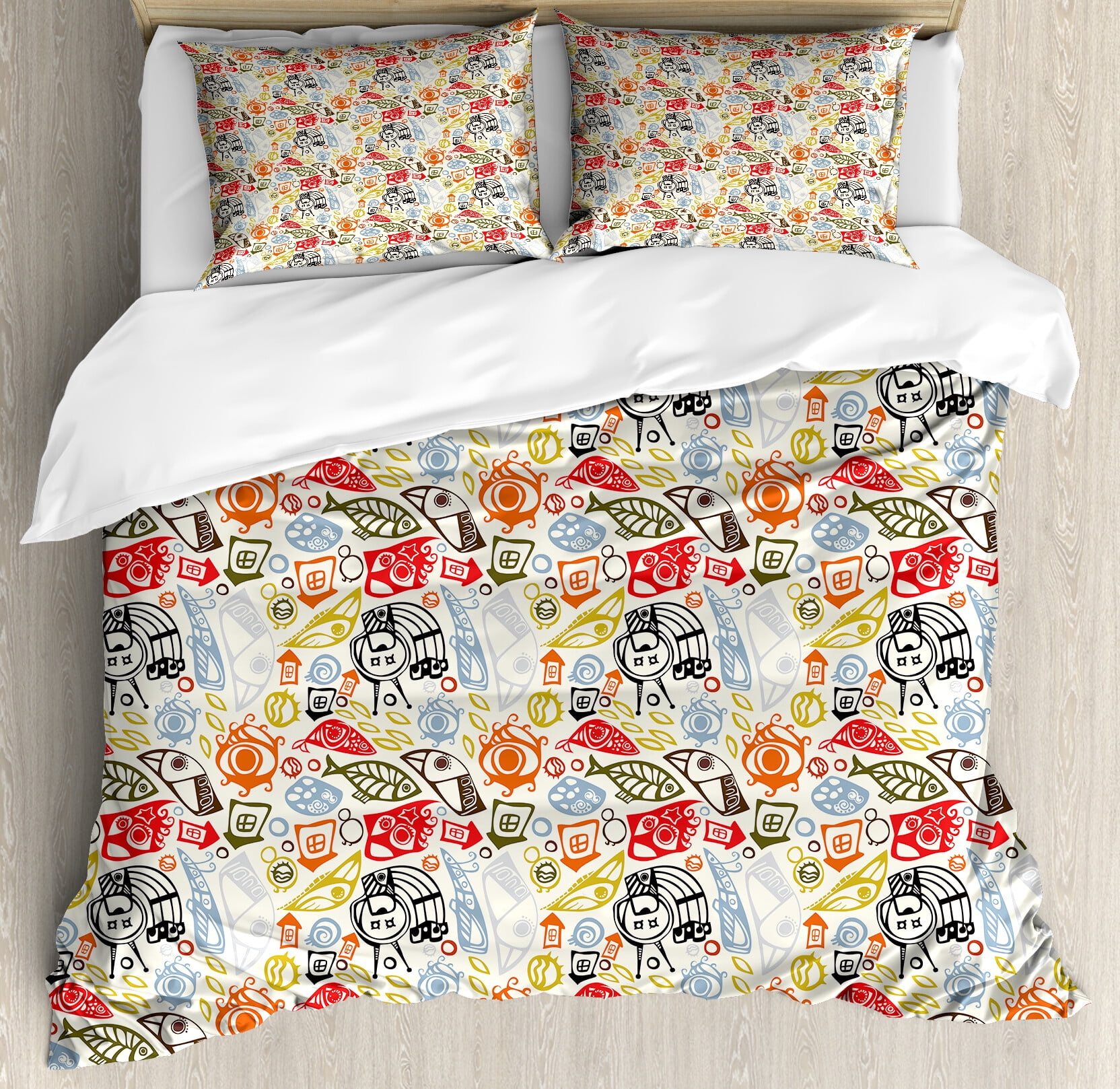 Funky Duvet Cover Set, Abstract Trippy Pattern with Fish and Eye ...