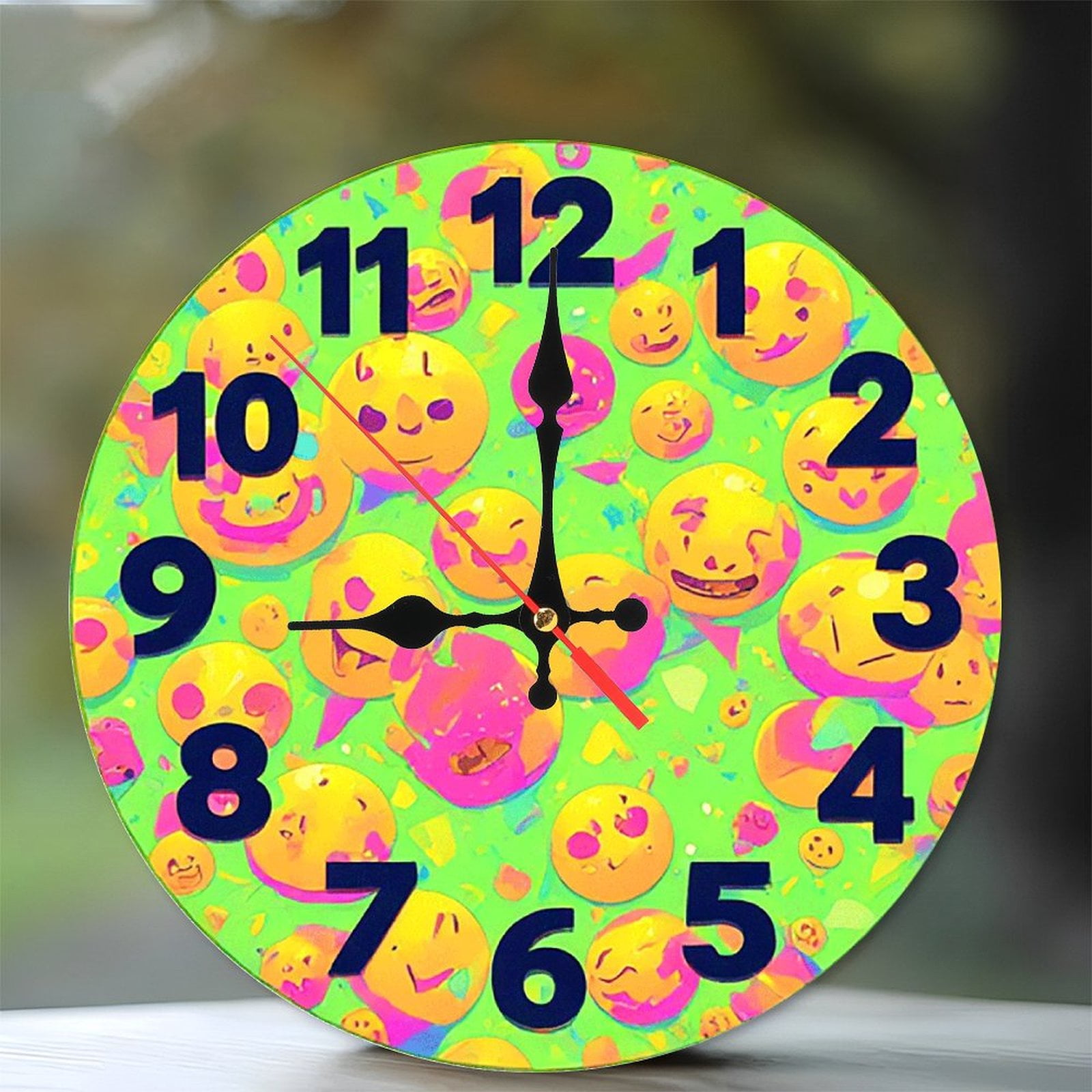 Funky Emoji Wall Clock Colorful Cartoon Face Design 10-Inch Silent Wooden Wall Clock, Battery ...