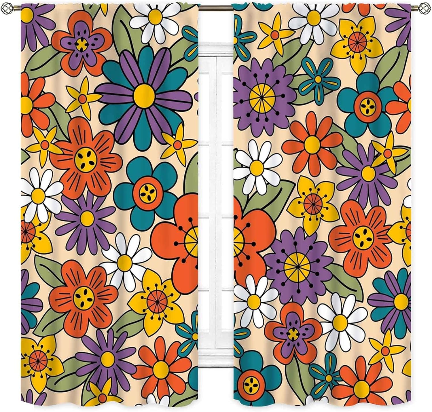 Funky Floral Curtains, Retro Vintage 60S 70S Hippie Groovy Boho Floral ...