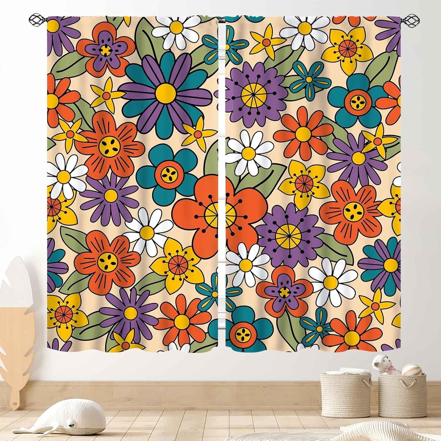 Funky Floral Curtains, Retro Vintage 60S 70S Hippie Groovy Boho Floral ...