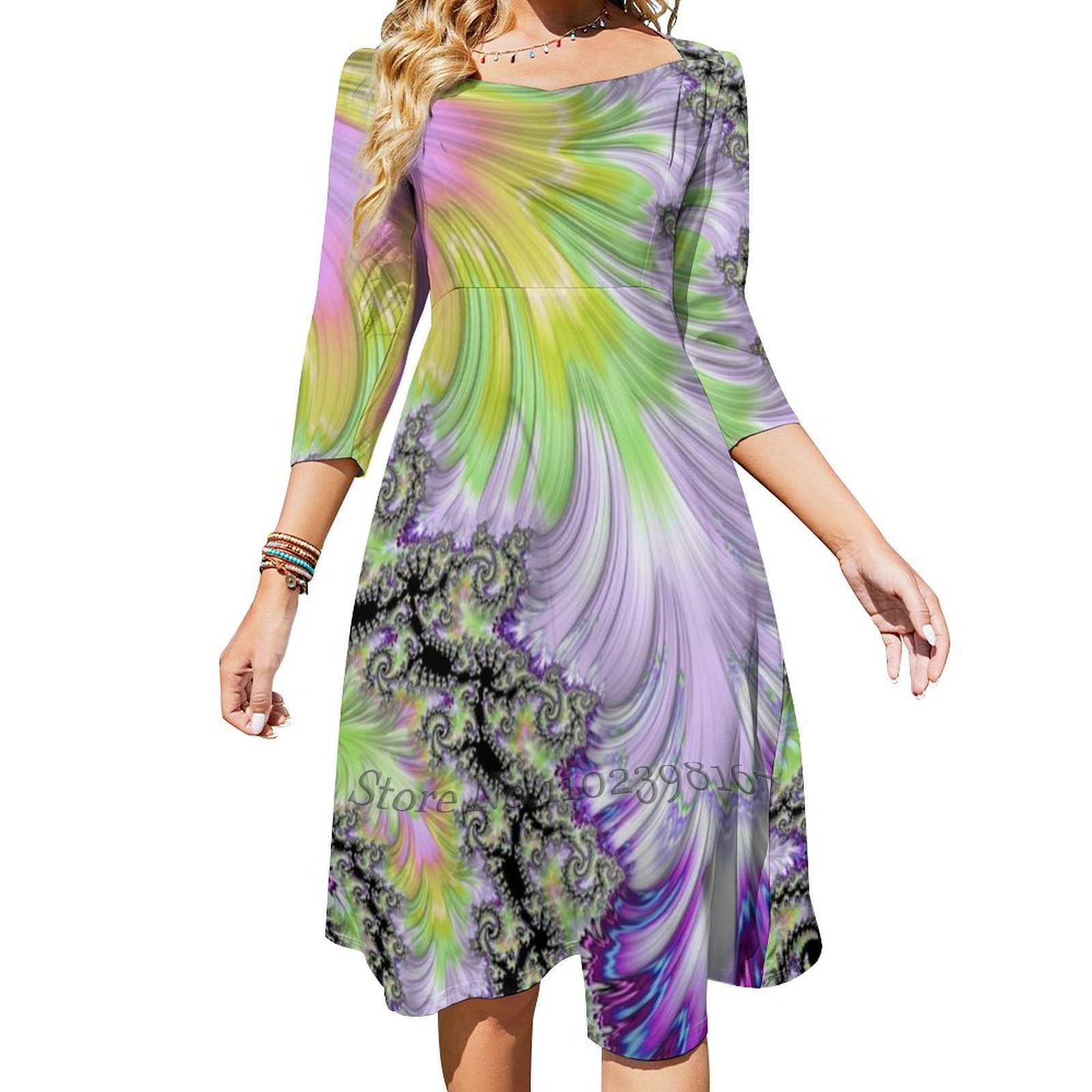 Funky Fractal Sweet Elegant Dress Women Korean Kawaii Square Collar ...