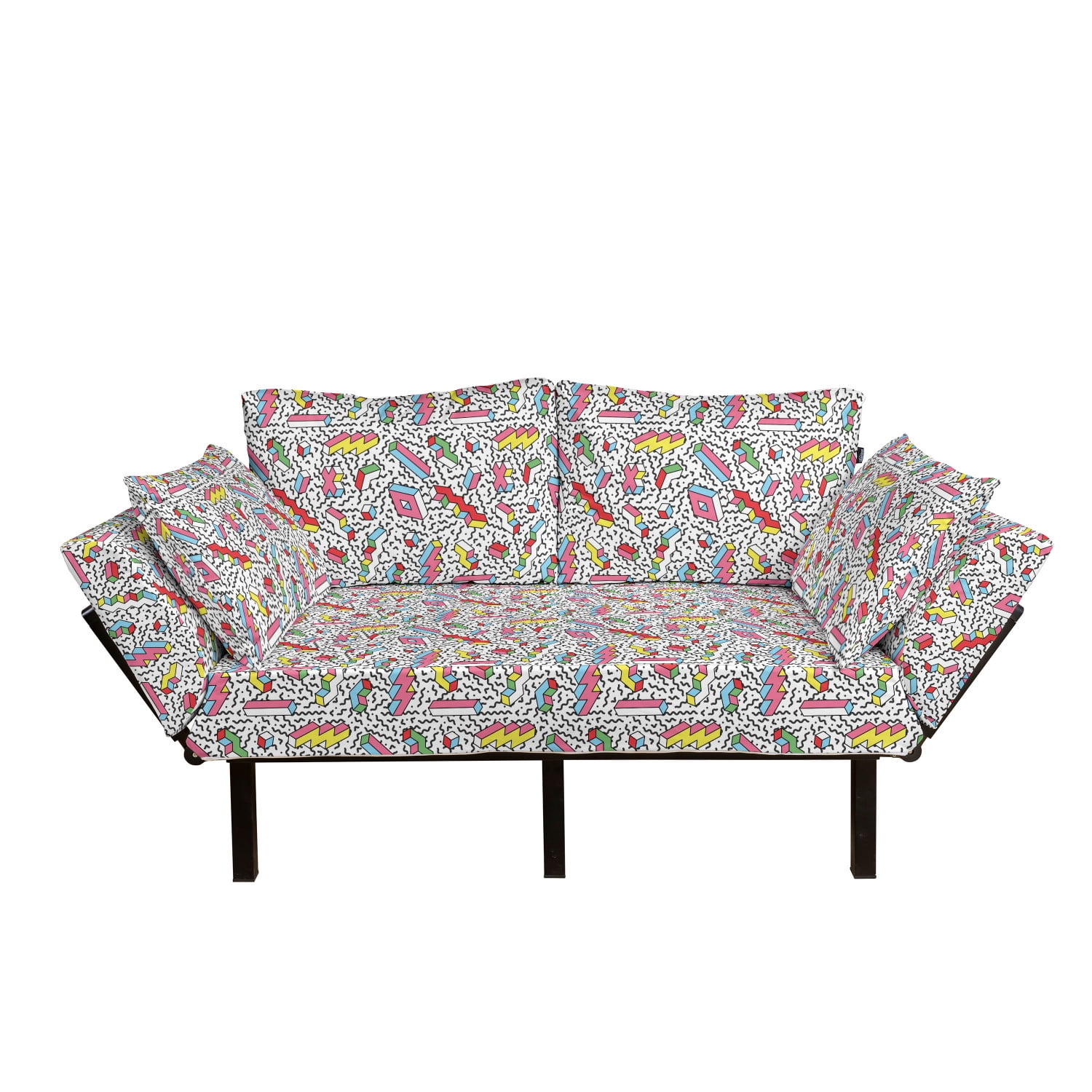 Funky Futon Couch, Memphis Pattern with Mosaic 3D Shapes Eighties and ...