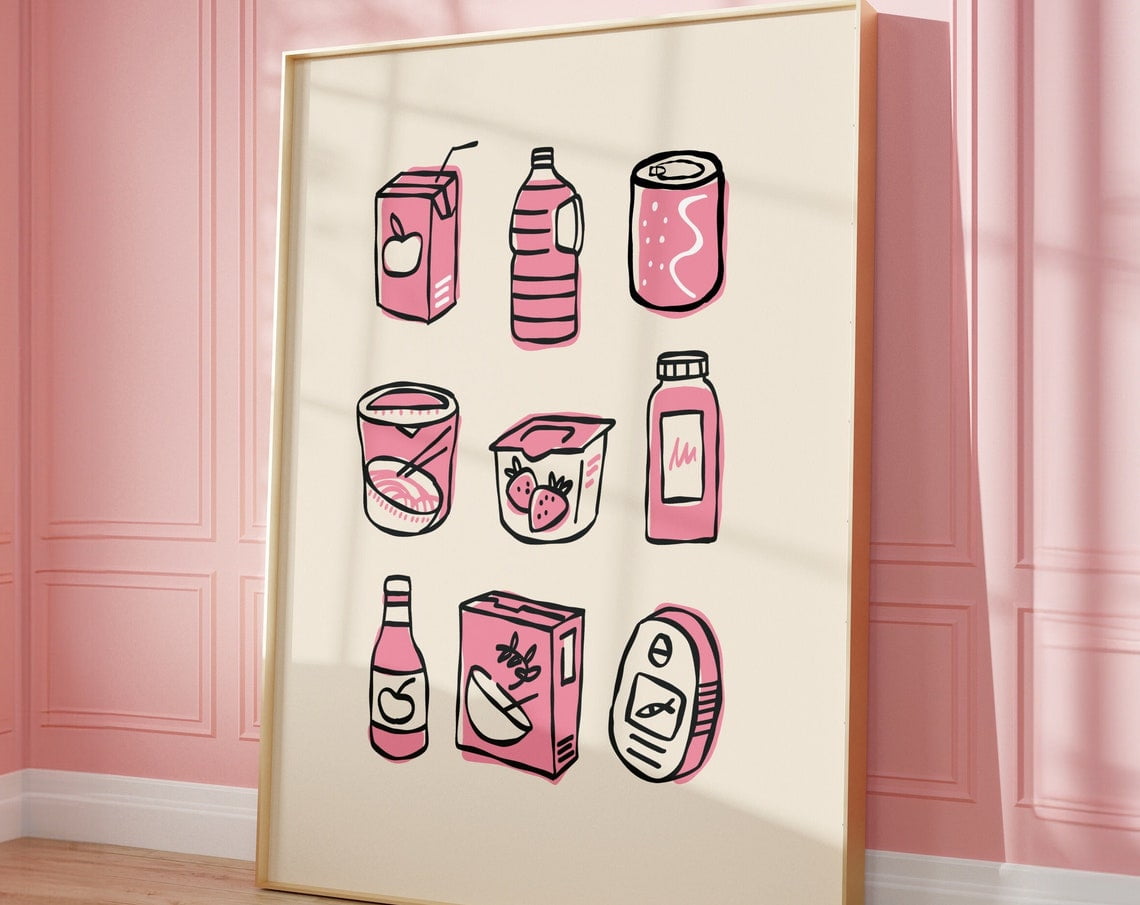 Funky Grocery Items In Pink • Retro Food Art Prints • Cute Kitchen Wall ...
