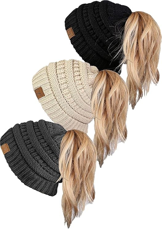 Funky Junque Ponytail Beanie for Women - Winter Ponyback Hat Soft Stretch Cable Knit High Pony ...