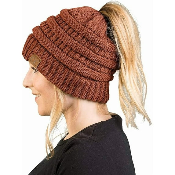 Funky Junque Ponytail Beanie for Women - Winter Ponyback Hat Soft Stretch Cable Knit High Pony ...