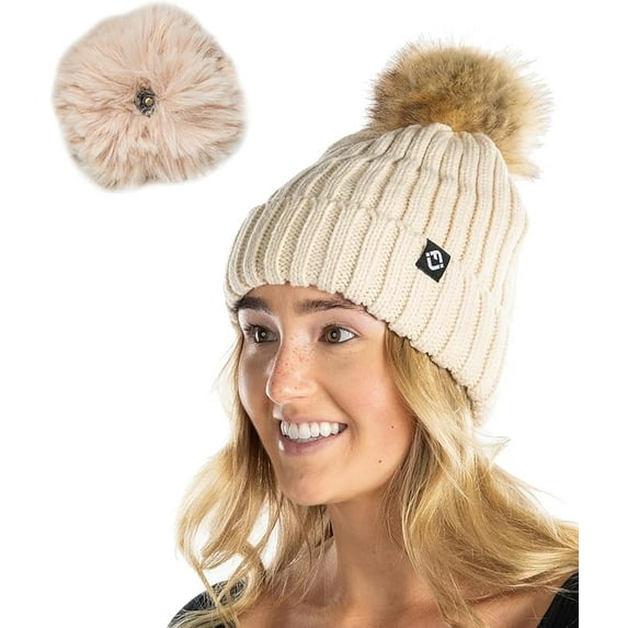 Funky Junque Ribbed Knit Detachable Pom Beanie - Beige - Walmart.com