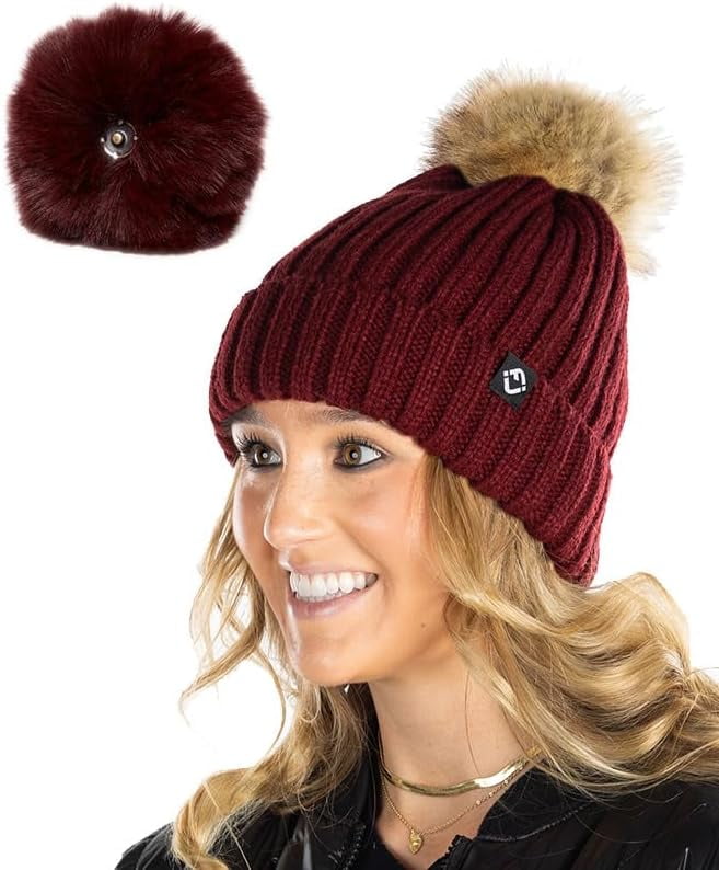 Funky Junque Ribbed Knit Detachable Pom Beanie - Burgundy - Walmart.com
