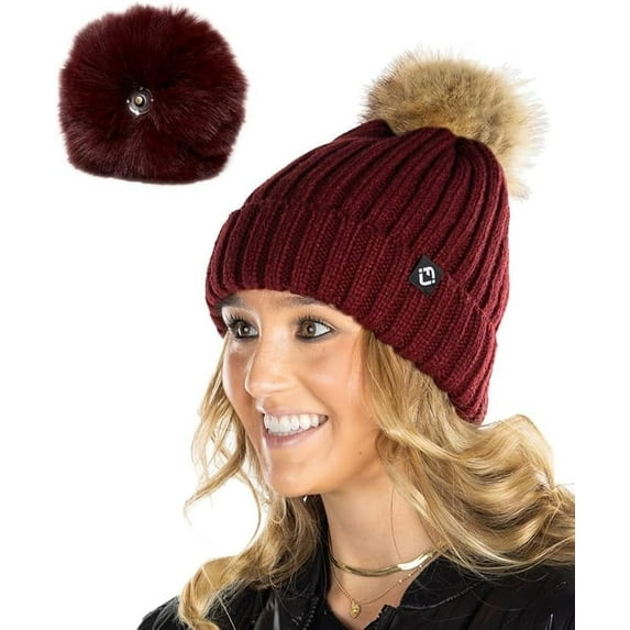 Funky Junque Ribbed Knit Detachable Pom Beanie - Burgundy - Walmart.com