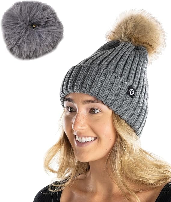 Funky Junque Ribbed Knit Detachable Pom Beanie - Charcoal - Walmart.com