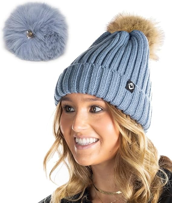 Funky Junque Ribbed Knit Detachable Pom Beanie - Denim - Walmart.com