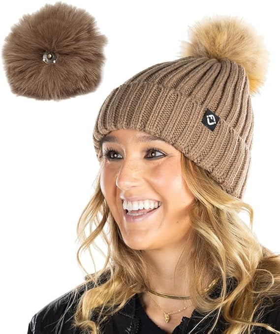 Funky Junque Ribbed Knit Detachable Pom Beanie - Taupe - Walmart.com