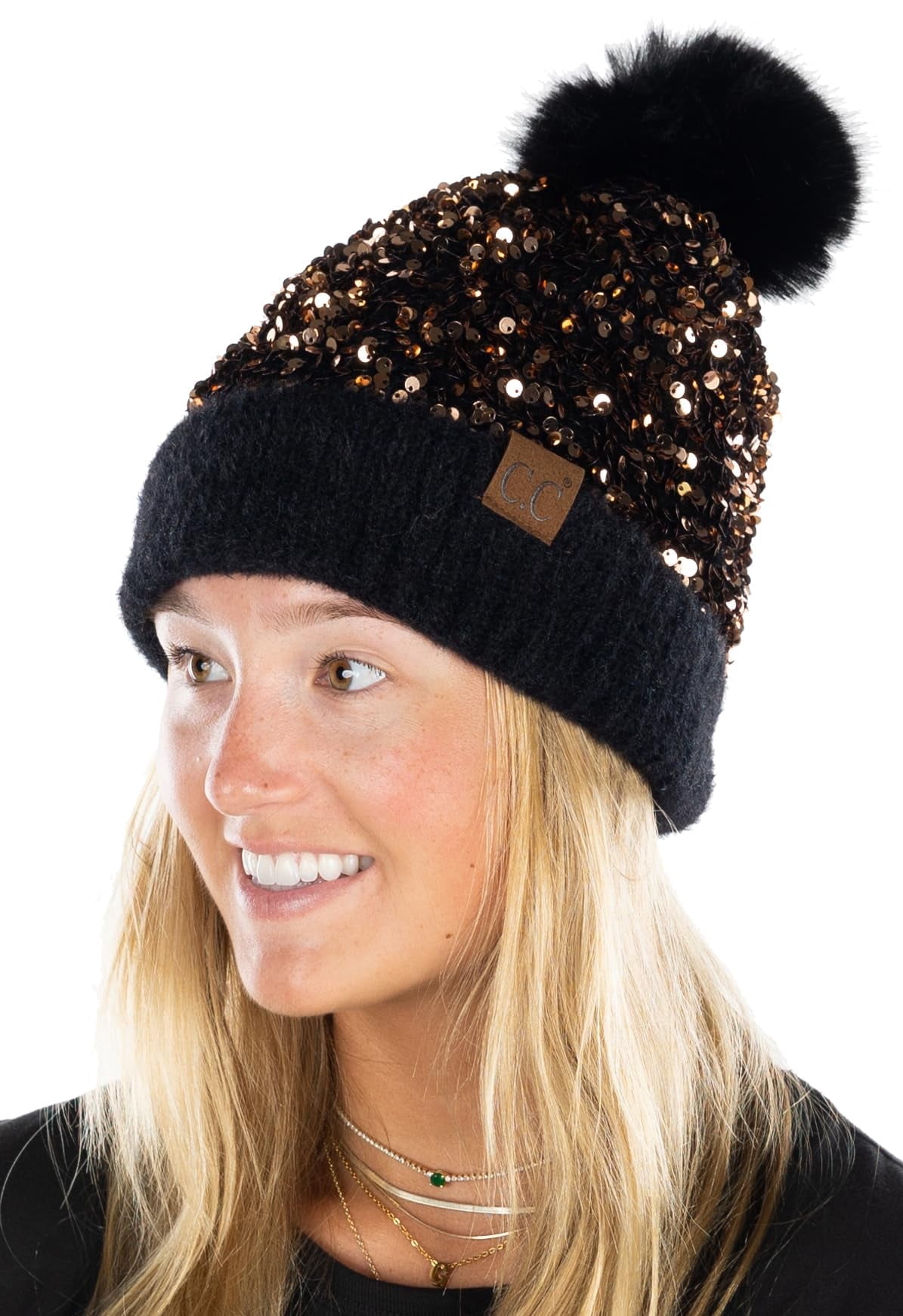 Funky Junque Women's Sequin Pom Beanies – Soft Knit Sparkly Bling ...
