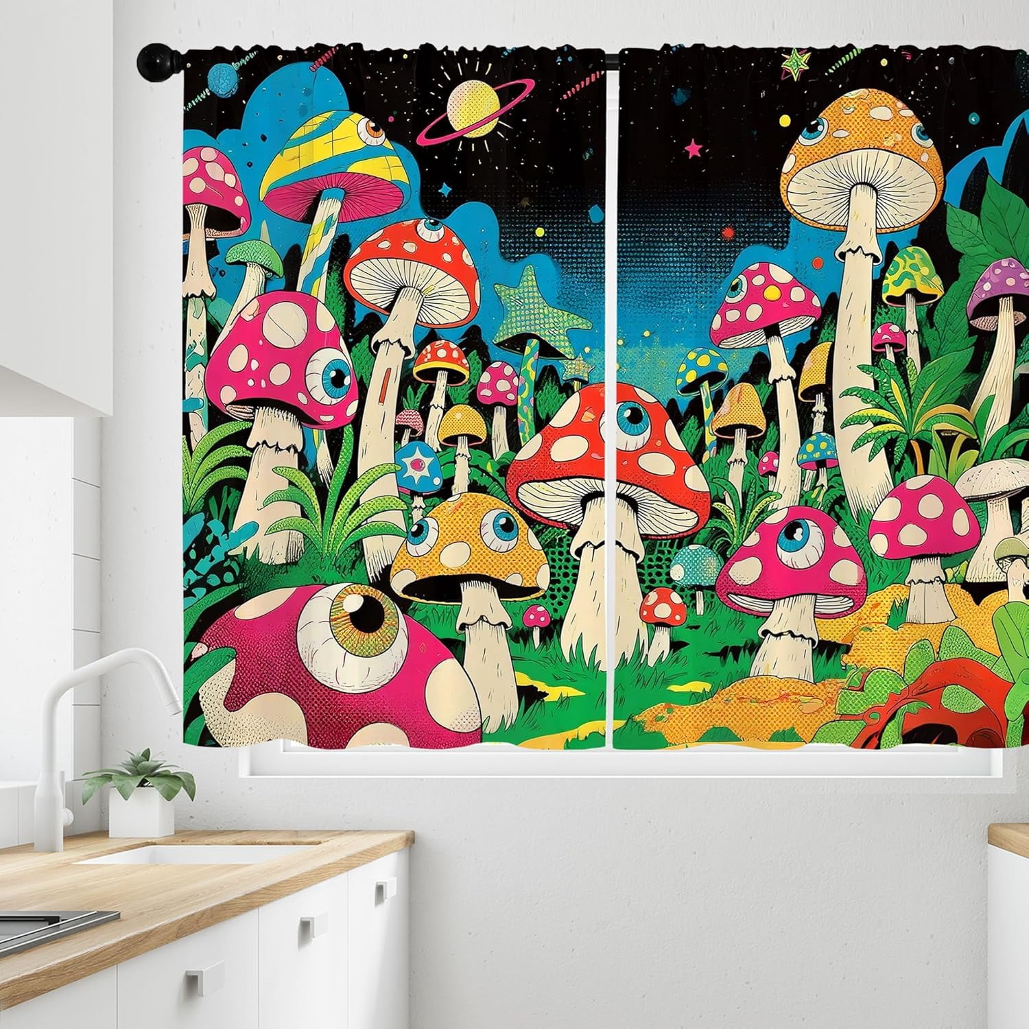 Funky Mushroom Boho Kitchen Curtains, Retro Comic Fairy Garden Dark ...