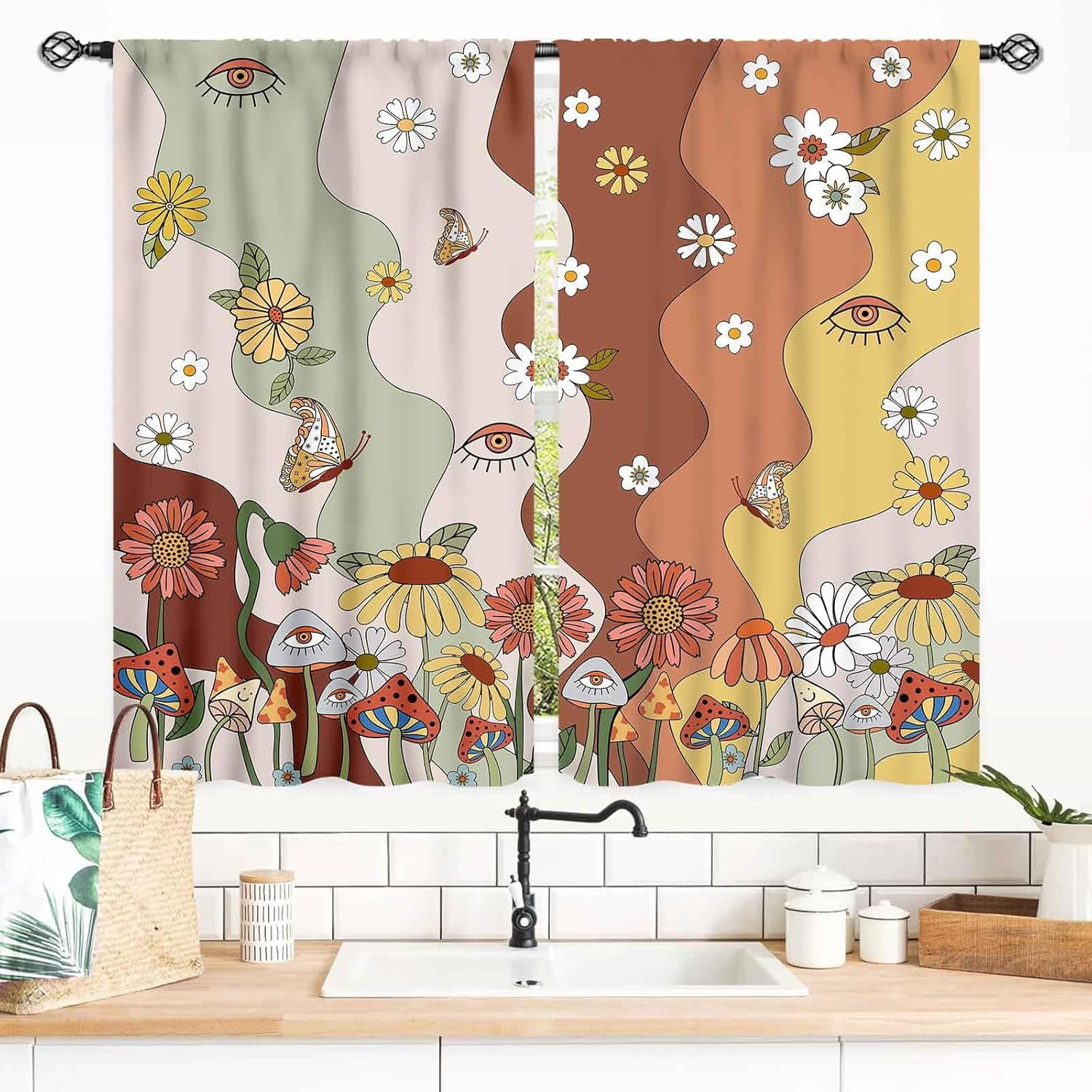 Funky Mushroom Kitchen Curtains, Boho Cute Retro Rainbow Wave Floral ...