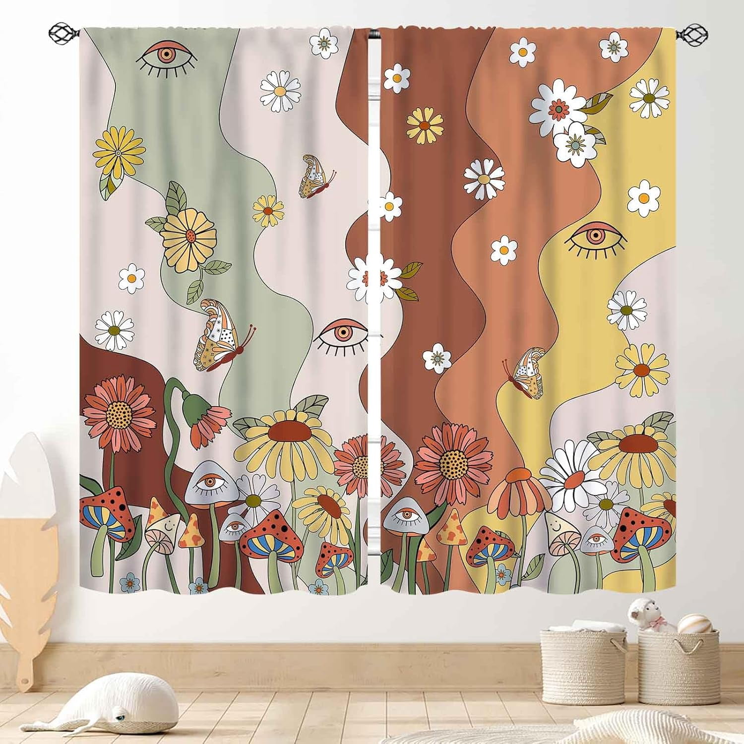 Funky Mushroom Kitchen Curtains, Boho Rainbow Wave Cute Retro Floral ...
