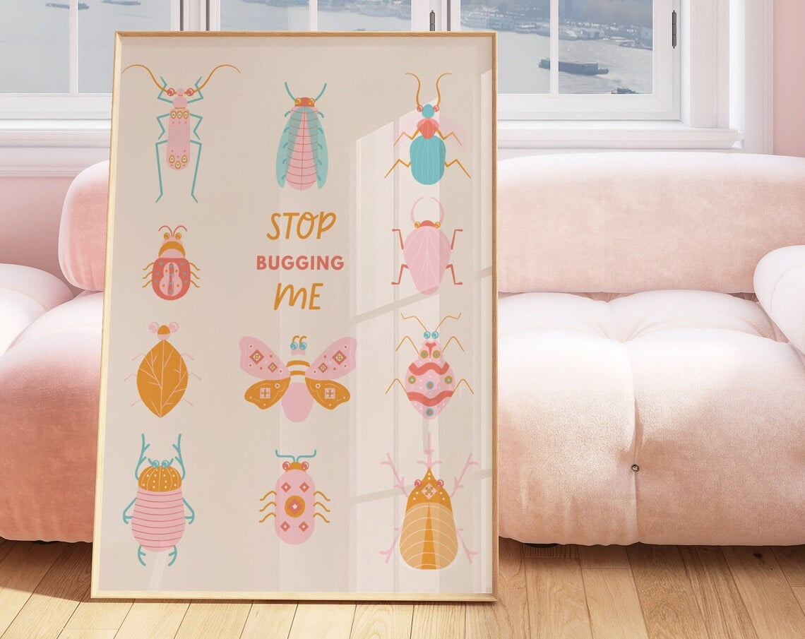 Funky Pastel Bugs & Insects Print • Blush Pink Girly Home Decor • Cute ...