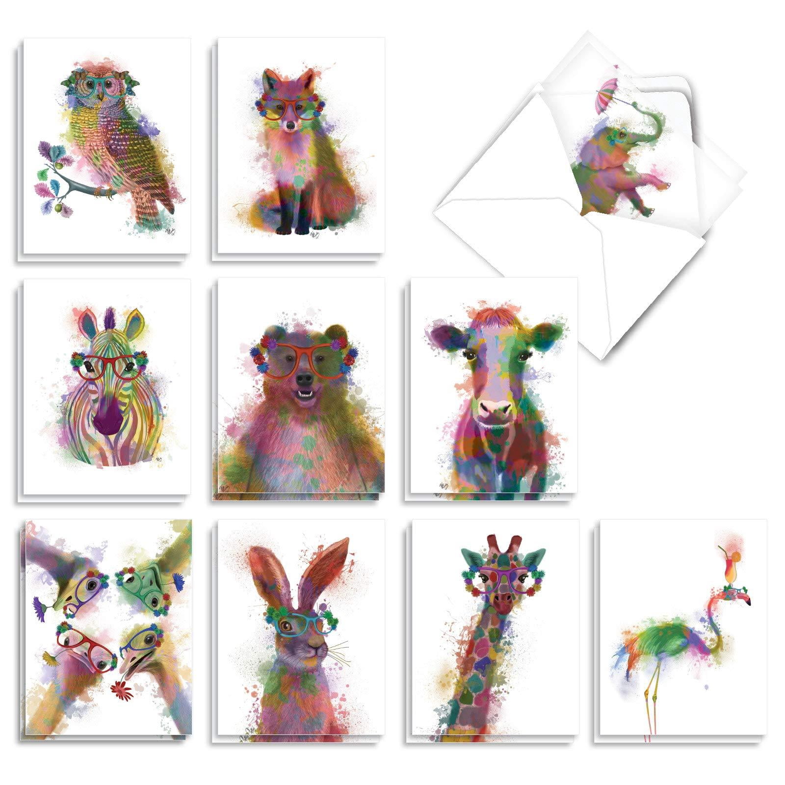 Funky Rainbow Wildlife - 20 Watercolor Blank Note Cards with Envelopes ...