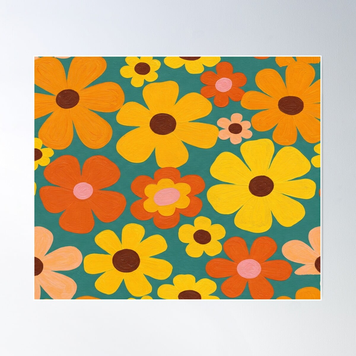 Funky Retro Flowers Painting Poster Wall Art, Modern Wall Decor For ...