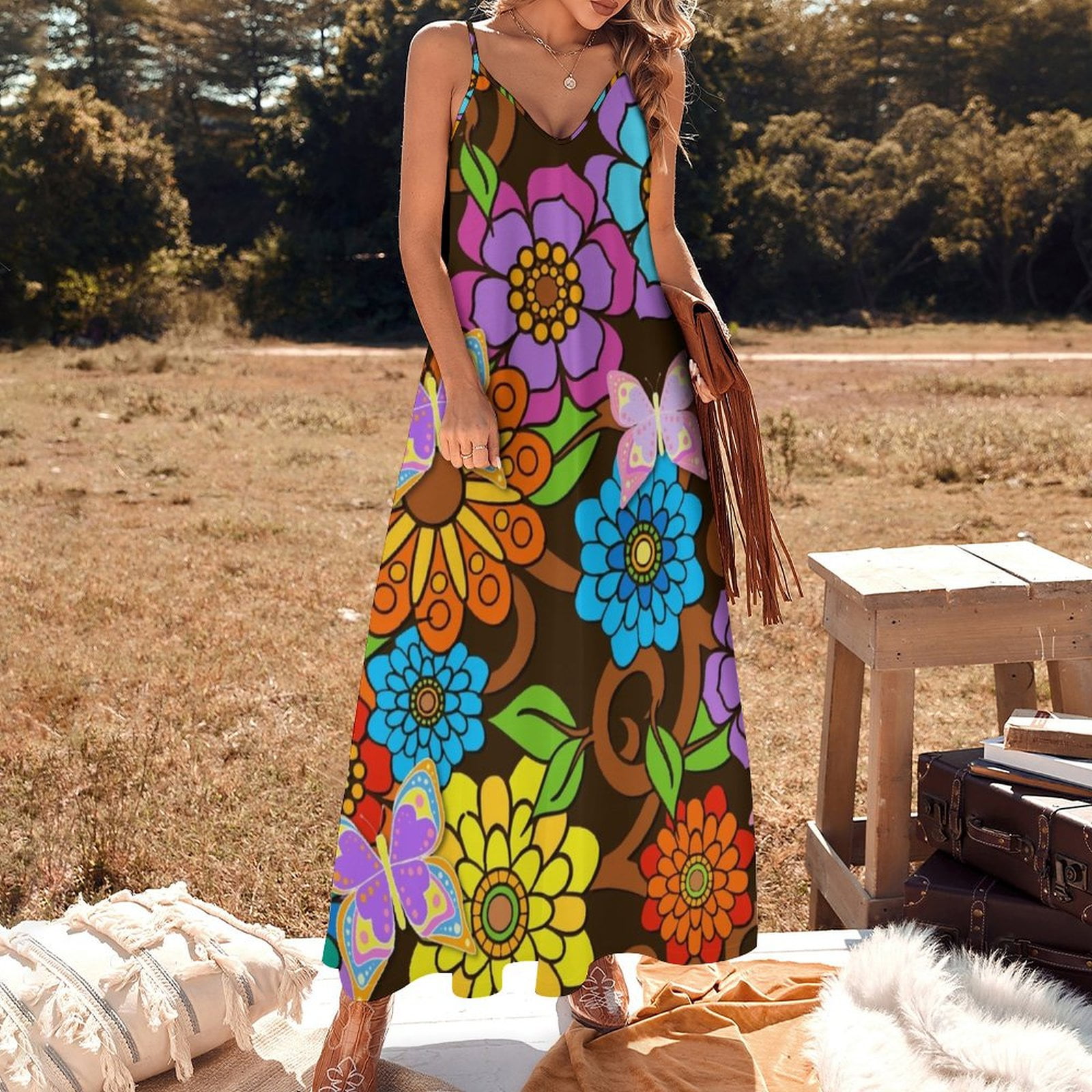 Funky Retro Flowers and Butterflies Art Sleeveless Dress elegant women ...