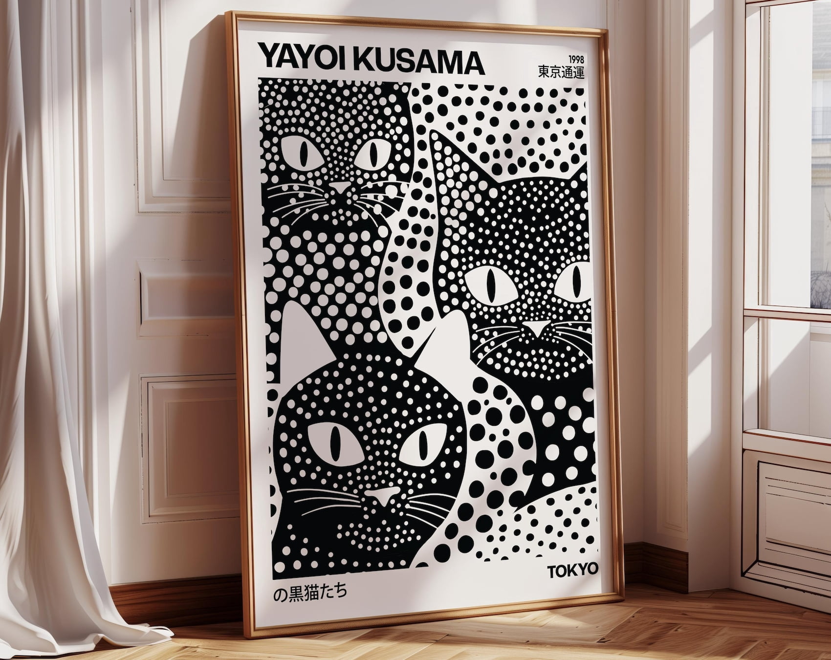 Funky Wall Art of Black Cat Large Wall Art for Apartment Decor Japandi ...