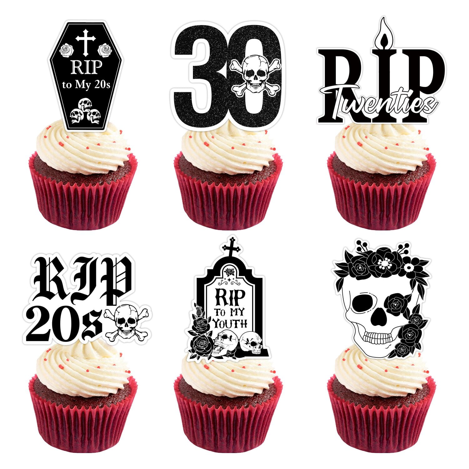 Funmemoir 36Pcs RIP 20s Cupcake Toppers Gothic Theme Party Decorations ...
