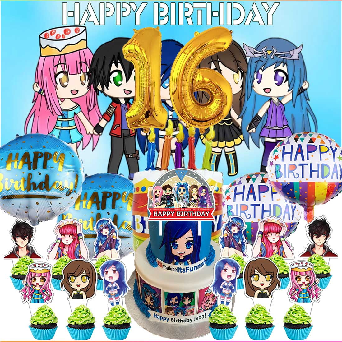 Funneh Krew Party Supplies Decor 16th Kit Balloons Birthday Cake Topper ...