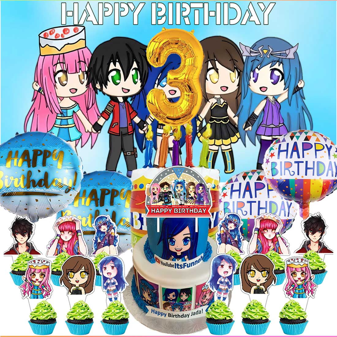 Funneh Krew Party Supplies Decor 3rd Kit Balloons Birthday Cake Topper ...